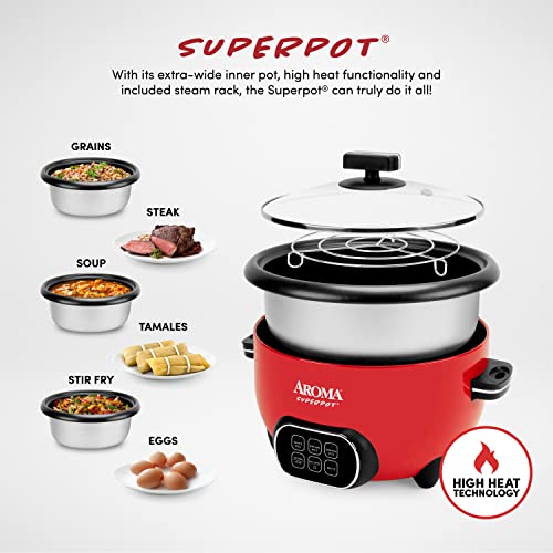 AROMA® 20-Cup (Cooked) Super Pot® Rice & Grain Cooker, Food Steamer & Multicooker with Sauté, Soup, and Spanish Rice Functions, Automatic Keep Warm Mode, Steam Rack Included, Red (ARC-1021DR)