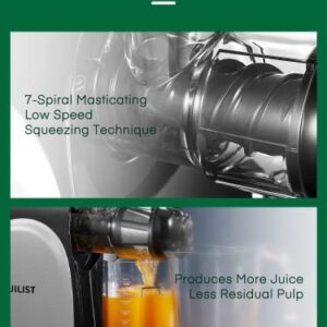 Masticating Juicer Machines, Juilist Cold Press Juicer Extractor with Quiet Motor & Reverse Function for Vegetables and Fruits, Slow Juicer Machine Easy to Clean with Brush, Recipe Included