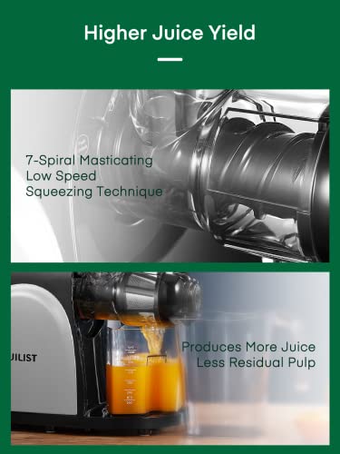 Masticating Juicer Machines, Juilist Cold Press Juicer Extractor with Quiet Motor & Reverse Function for Vegetables and Fruits, Slow Juicer Machine Easy to Clean with Brush, Recipe Included