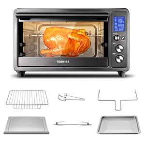 toshiba speedy convection toaster oven countertop with double infrared heating, 10-in-1 with toast, pizza, rotisserie, larger 6-slice capacity, 1700w, black stainless steel, includes 6 accessories