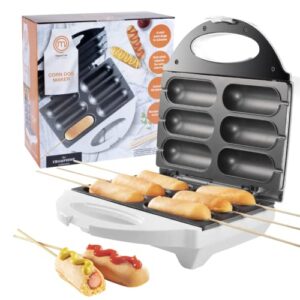 masterchef corn dog maker -electric nonstick kitchen baker, perfect for hot dogs on a stick, cheese mozzarella sticks, cake pops, bbq, birthday gift -recipe guide +50 skewers