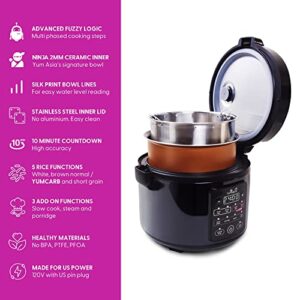 Yum Asia Kumo YumCarb Rice Cooker with Ceramic Bowl and Advanced Fuzzy Logic, (5.5 Cups, 1 Litre), 5 Rice Cooking Functions, 3 Multicooker Functions, 110V US Power (Dark Stainless Steel)