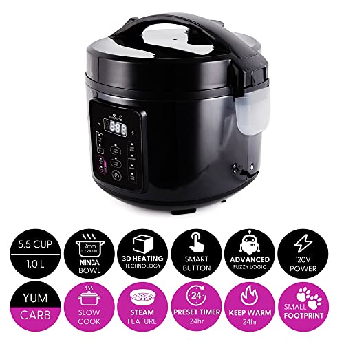 Yum Asia Kumo YumCarb Rice Cooker with Ceramic Bowl and Advanced Fuzzy Logic, (5.5 Cups, 1 Litre), 5 Rice Cooking Functions, 3 Multicooker Functions, 110V US Power (Dark Stainless Steel)