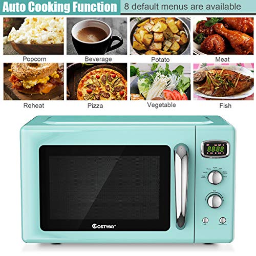 COSTWAY Retro Countertop Microwave Oven, 0.9Cu.ft, 900W Microwave Oven, with 5 Micro Power, Defrost & Auto Cooking Function, LED Display, Glass Turntable and Viewing Window, Child Lock