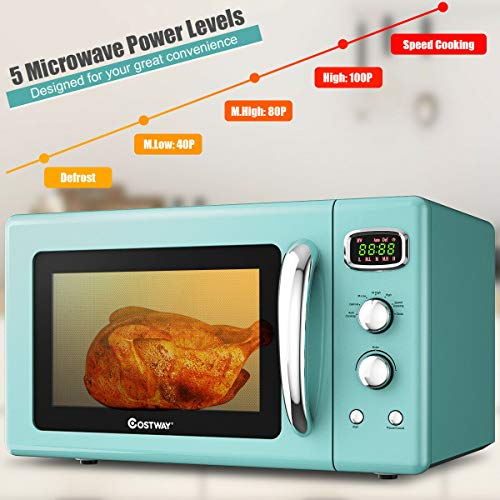 COSTWAY Retro Countertop Microwave Oven, 0.9Cu.ft, 900W Microwave Oven, with 5 Micro Power, Defrost & Auto Cooking Function, LED Display, Glass Turntable and Viewing Window, Child Lock