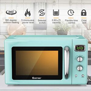 COSTWAY Retro Countertop Microwave Oven, 0.9Cu.ft, 900W Microwave Oven, with 5 Micro Power, Defrost & Auto Cooking Function, LED Display, Glass Turntable and Viewing Window, Child Lock