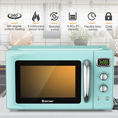 COSTWAY Retro Countertop Microwave Oven, 0.9Cu.ft, 900W Microwave Oven, with 5 Micro Power, Defrost & Auto Cooking Function, LED Display, Glass Turntable and Viewing Window, Child Lock