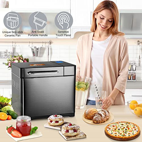 KBS Bread Maker-710W Dual Heaters, 17-in-1 Bread Machine Stainless Steel with Auto Nut Dispenser&Ceramic Pan, Gluten-Free, Dough Maker,Jam,Yogurt PROG, Touch Panel, 3 Loaf Sizes 3 Crust Colors,Recipes