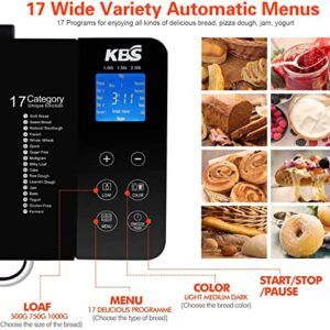 KBS Bread Maker-710W Dual Heaters, 17-in-1 Bread Machine Stainless Steel with Auto Nut Dispenser&Ceramic Pan, Gluten-Free, Dough Maker,Jam,Yogurt PROG, Touch Panel, 3 Loaf Sizes 3 Crust Colors,Recipes