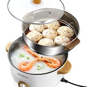 RUNHU Electric Hot Pot with Steamer, 4L Non-Stick Electric Frying Pan with Multi-Power Control, 3.1" Depth Multifunctional Cooker with Overheating Protection for Shabu Shabu, Noodles, Sauté (White)