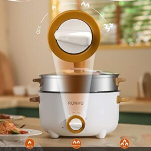 RUNHU Electric Hot Pot with Steamer, 4L Non-Stick Electric Frying Pan with Multi-Power Control, 3.1" Depth Multifunctional Cooker with Overheating Protection for Shabu Shabu, Noodles, Sauté (White)