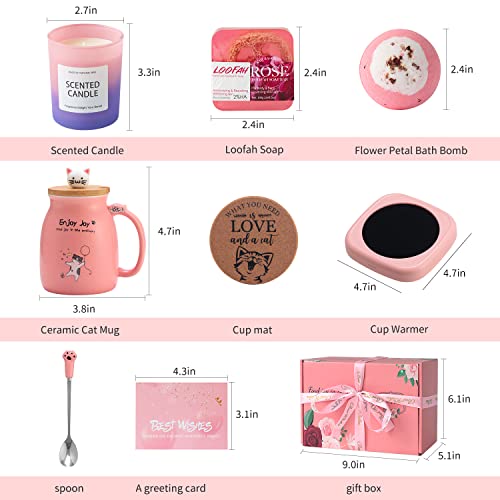 Coffee Mug Beverage Warmer Relaxing Spa Gift Box Set Happy Birthday for Women- Ceramic Cat Coffee Cup, Bath Bomb, Scented Candle,Soap,Best Gift for Her Best Friend Sister Daughter Mom Valentines Day