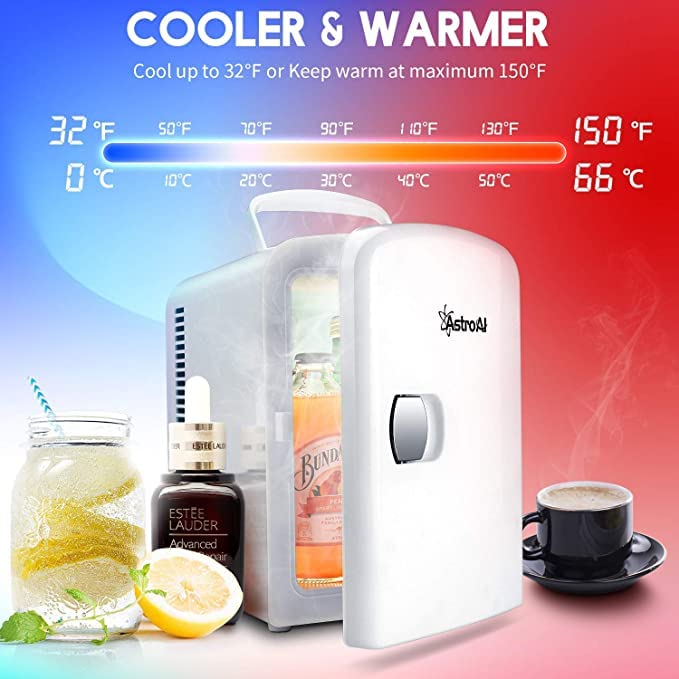 AstroAI Mini Fridge Portable AC/DC Powered Thermoelectric System Cooler and Warmer 4 Liter/6 Can for Cars, Homes, Offices, and Dorms,White (Renewed)