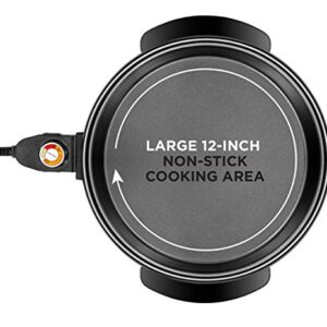 Chefman Electric Skillet - 12 Inch Round Frying Pan with Non Stick Coating, Temperature Control, Tempered Glass Lid, Cool-Touch Handles and Knob, Black