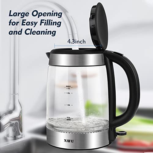 NAVU Electric Kettle 1500W, Wide Opening, 1.7 Liter Glass Tea Kettle and Hot Water Boiler, Cordless, LED Indicator, Auto Shut-Off & Boil-Dry Protection, BPA-Free Matte Black