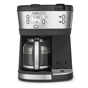 brim trio multibrew system, 12 cup programmable coffee maker, brews a 6oz cup of coffee in 1-2 minutes, convenient variable brew size, k-cup compatible, stainless steel/black