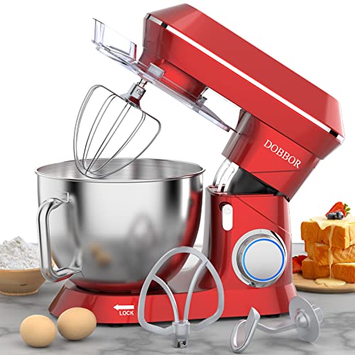 9.5QT Stand Mixer, DOBBOR 7 Speeds 660W Electric Kitchen Stand Mixer, Tilt-Head Food Mixer, Home Standing Mixer with Dough Hook, Whisk, Beater, Splash Guard & Mixing Bowl for Baking - Red