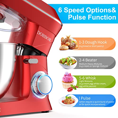 9.5QT Stand Mixer, DOBBOR 7 Speeds 660W Electric Kitchen Stand Mixer, Tilt-Head Food Mixer, Home Standing Mixer with Dough Hook, Whisk, Beater, Splash Guard & Mixing Bowl for Baking - Red