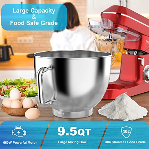 9.5QT Stand Mixer, DOBBOR 7 Speeds 660W Electric Kitchen Stand Mixer, Tilt-Head Food Mixer, Home Standing Mixer with Dough Hook, Whisk, Beater, Splash Guard & Mixing Bowl for Baking - Red