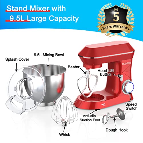 9.5QT Stand Mixer, DOBBOR 7 Speeds 660W Electric Kitchen Stand Mixer, Tilt-Head Food Mixer, Home Standing Mixer with Dough Hook, Whisk, Beater, Splash Guard & Mixing Bowl for Baking - Red