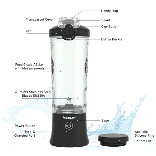 Modquen Personal Blender, Portable Blender for Shakes and Smoothies, Cordless Juicer Cup for Gym, Home and Office, 20 Oz (Black)