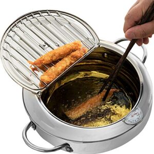 yopay 304 stainless steel deep fryer pot, frying chicken pot, tempura deep fryer with a thermometer and a lid, japanese style tempura fryer pan, 2.2l ( diameter: 6.5″ )