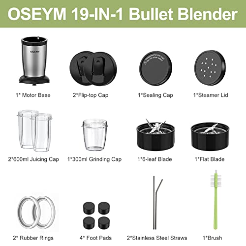 OSEYM Personal Blender, 850W Bullet Blender for Shakes and Smoothies, 19-in-1 Smoothie Blender for Ice Crush, Easy to Clean (Silver)