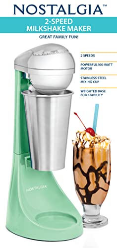 Nostalgia Two-Speed Electric Milkshake Maker and Drink Mixer, Includes 16-Ounce Stainless Steel Mixing Cup & Rod, Jade Green