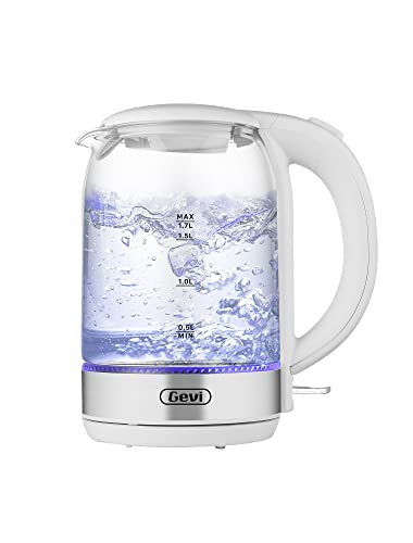 Electric Kettle, Gevi 1.7L Glass Tea Kettle - Water Boiler with LED Light Glass Kettle Electric (BPA Free) with Auto Shut-off & Boil-dry Protection - 1500W Cordless Electric Kettle, White