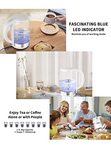 Electric Kettle, Gevi 1.7L Glass Tea Kettle - Water Boiler with LED Light Glass Kettle Electric (BPA Free) with Auto Shut-off & Boil-dry Protection - 1500W Cordless Electric Kettle, White