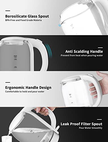 Electric Kettle, Gevi 1.7L Glass Tea Kettle - Water Boiler with LED Light Glass Kettle Electric (BPA Free) with Auto Shut-off & Boil-dry Protection - 1500W Cordless Electric Kettle, White