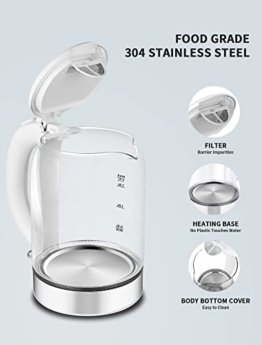 Electric Kettle, Gevi 1.7L Glass Tea Kettle - Water Boiler with LED Light Glass Kettle Electric (BPA Free) with Auto Shut-off & Boil-dry Protection - 1500W Cordless Electric Kettle, White