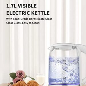 Electric Kettle, Gevi 1.7L Glass Tea Kettle - Water Boiler with LED Light Glass Kettle Electric (BPA Free) with Auto Shut-off & Boil-dry Protection - 1500W Cordless Electric Kettle, White