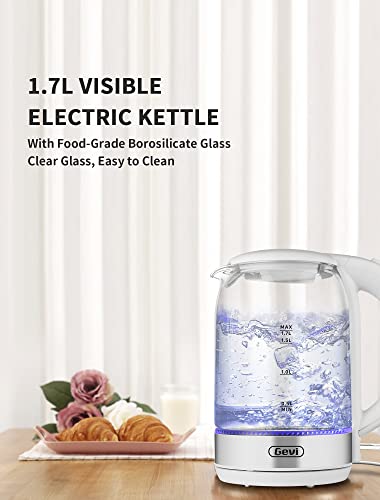 Electric Kettle, Gevi 1.7L Glass Tea Kettle - Water Boiler with LED Light Glass Kettle Electric (BPA Free) with Auto Shut-off & Boil-dry Protection - 1500W Cordless Electric Kettle, White