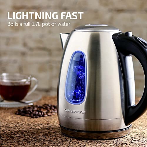 Ovente Portable Electric Hot Water Kettle 1.7 Liter Stainless Steel 1100 Watt Power Fast Heating Element Countertop Tea Maker Boiler Heater with Automatic Shut-Off & Boil Dry Protection Silver KS960S