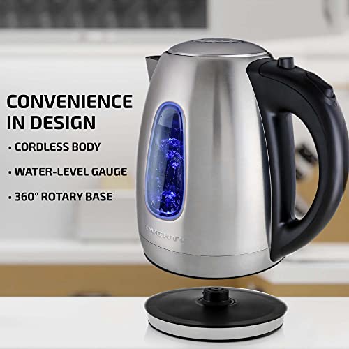 Ovente Portable Electric Hot Water Kettle 1.7 Liter Stainless Steel 1100 Watt Power Fast Heating Element Countertop Tea Maker Boiler Heater with Automatic Shut-Off & Boil Dry Protection Silver KS960S