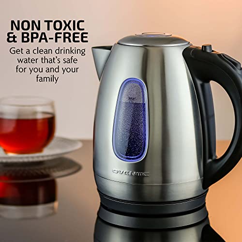 Ovente Portable Electric Hot Water Kettle 1.7 Liter Stainless Steel 1100 Watt Power Fast Heating Element Countertop Tea Maker Boiler Heater with Automatic Shut-Off & Boil Dry Protection Silver KS960S