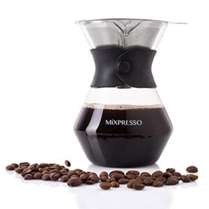 mixpresso pour over coffee maker set glass carafe borosilicate white protective silicone sleeve | pour over coffee dripper brewer with double-layer stainless steel filter,(13.5 ounces)