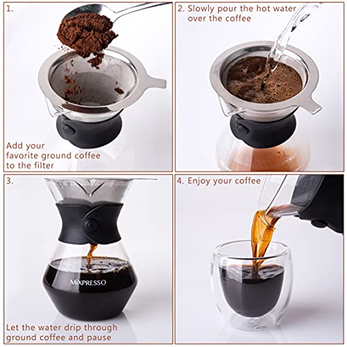 Mixpresso Pour Over Coffee Maker Set Glass Carafe Borosilicate White Protective Silicone Sleeve | Pour Over Coffee Dripper Brewer With Double-layer Stainless Steel Filter,(13.5 Ounces)