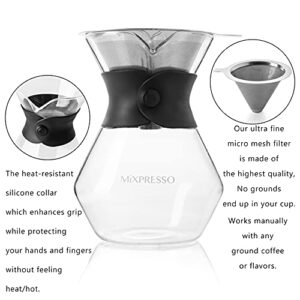 Mixpresso Pour Over Coffee Maker Set Glass Carafe Borosilicate White Protective Silicone Sleeve | Pour Over Coffee Dripper Brewer With Double-layer Stainless Steel Filter,(13.5 Ounces)