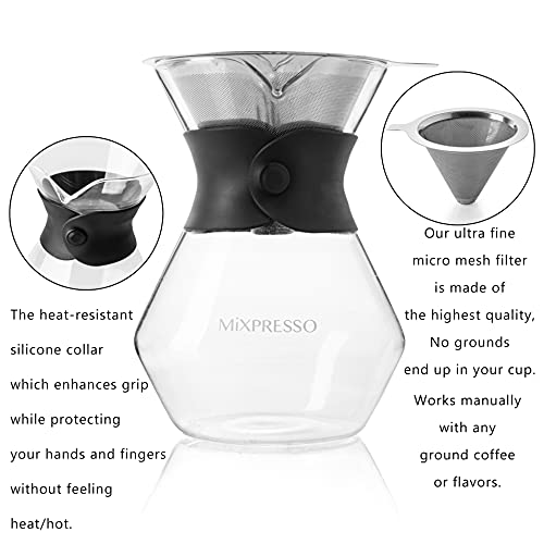 Mixpresso Pour Over Coffee Maker Set Glass Carafe Borosilicate White Protective Silicone Sleeve | Pour Over Coffee Dripper Brewer With Double-layer Stainless Steel Filter,(13.5 Ounces)