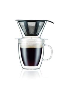 bodum pour over coffee dripper set with double wall mug and permanent filter, 12 ounce, clear