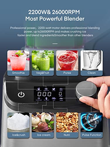 Professional Countertop Blenders for Kitchen, Housnat 2200W Max High Power Commercial Blender with LED Display, 8 Preset Programs, 8 Adjustable Speed, Blender for Shakes and Smoothies, Frozen Fruit, Crushing Ice, Veggies