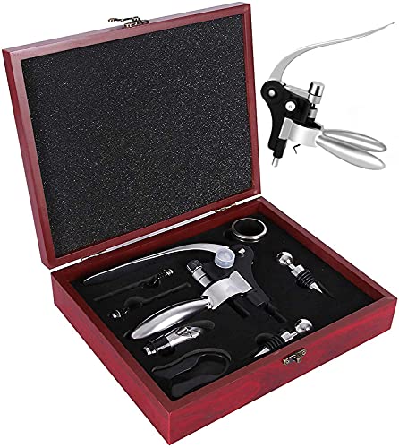 Wine Opener Set, 8 Pieces Manual Red Wine Bottle Opener with Classic Wood Case, Corkscrew for Wine Bottles, Stainless Steel Wine Opener Kit for Valentines Day Wine Gift Set