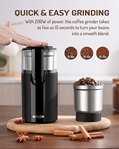 TWOMEOW Electric Coffee Grinder for Beans, Spices and Herb, Stainless Steel Blades, 1 Removable Stainless Steel Bowls, Makes up to 9 Cups, Black