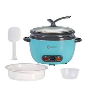 icook 3-cup uncooked 6-cup cooked blue rice cooker 0.6l grains,oatmeal,cereals cooker,rice warmer steamer,small mini rice cooker,removable nonstick pot,full view glass lid,blue