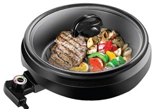 chefman 3-in-1 electric indoor grill pot & skillet, slow cook, steam, simmer, stir fry, 10-inch nonstick raised line griddle pan, temperature control, tempered glass lid, 3-quart, black-round