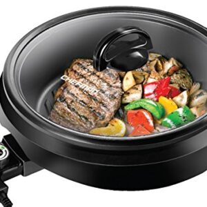 Chefman 3-In-1 Electric Indoor Grill Pot & Skillet, Slow Cook, Steam, Simmer, Stir Fry, 10-Inch Nonstick Raised Line Griddle Pan, Temperature Control, Tempered Glass Lid, 3-Quart, Black-Round