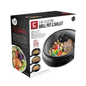 Chefman 3-In-1 Electric Indoor Grill Pot & Skillet, Slow Cook, Steam, Simmer, Stir Fry, 10-Inch Nonstick Raised Line Griddle Pan, Temperature Control, Tempered Glass Lid, 3-Quart, Black-Round