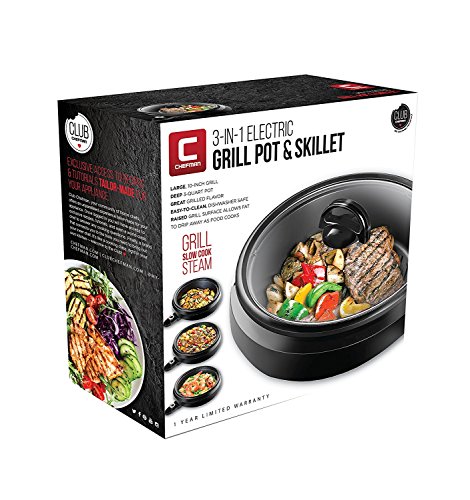 Chefman 3-In-1 Electric Indoor Grill Pot & Skillet, Slow Cook, Steam, Simmer, Stir Fry, 10-Inch Nonstick Raised Line Griddle Pan, Temperature Control, Tempered Glass Lid, 3-Quart, Black-Round